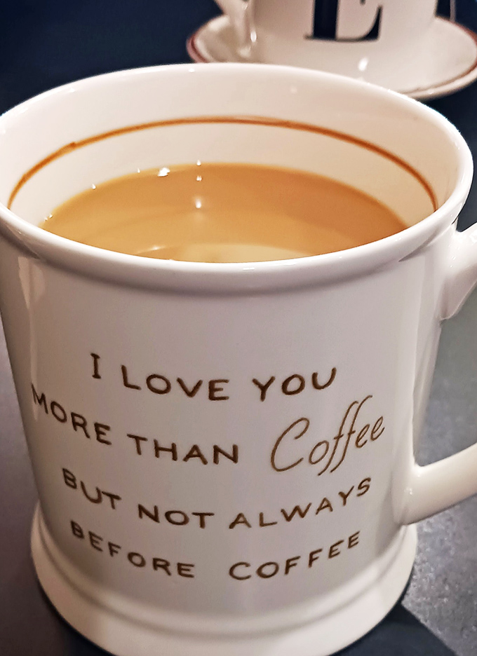 This mug speaks the universal morning truth – love is important, but coffee comes first. The hierarchy of needs, diner edition.