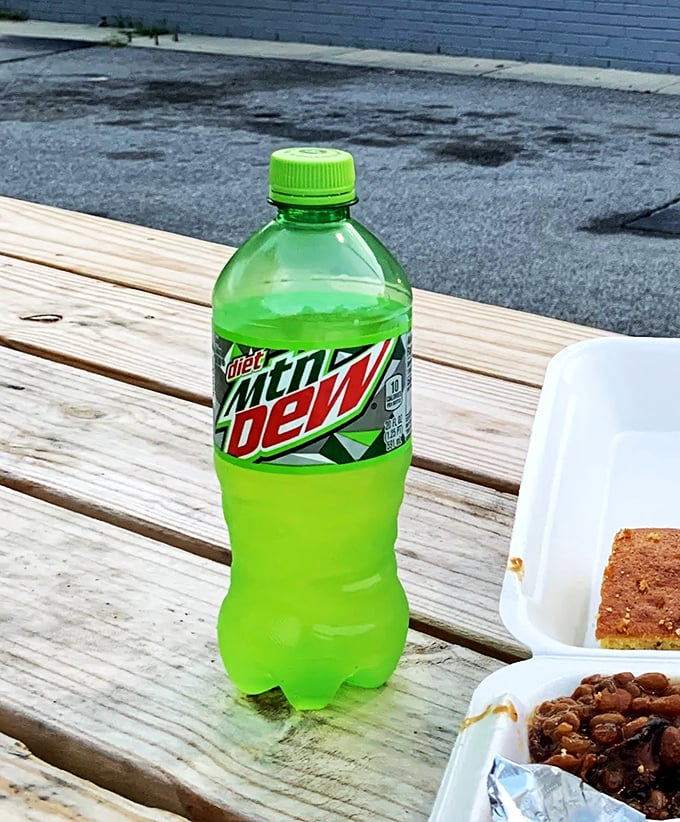 Nothing washes down serious barbecue like that luminous green elixir of the South. Diet Mountain Dew: the barbecue companion no one talks about.