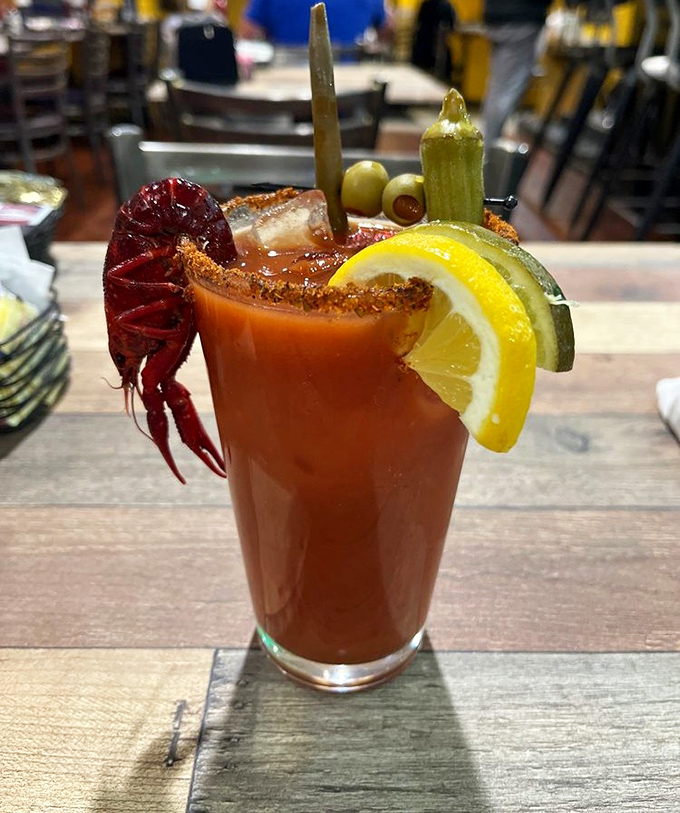 The Bloody Mary comes with its own seafood appetizer&mdash;a crawfish garnish that's basically telling mimosas to step aside.