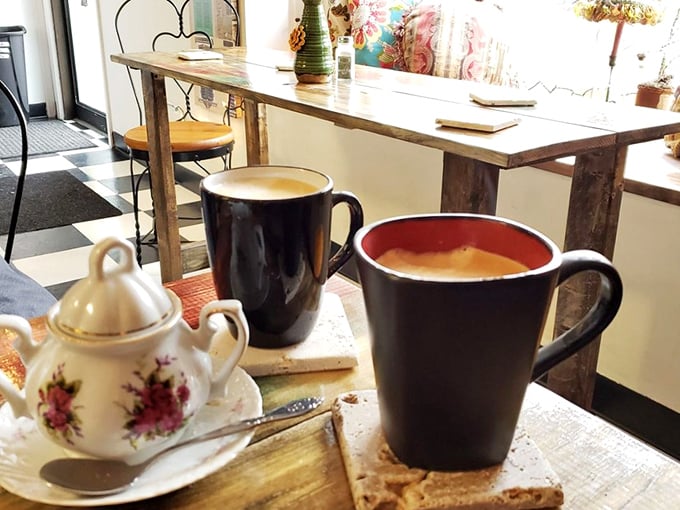 Coffee served with nostalgic charm: vintage china meets sturdy mugs in a setup that makes "just one cup" the biggest lie you'll tell yourself today.