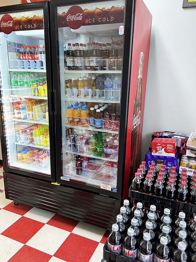 The drink cooler stands ready to provide the perfect liquid companion to your sugar rush. Decisions, decisions.