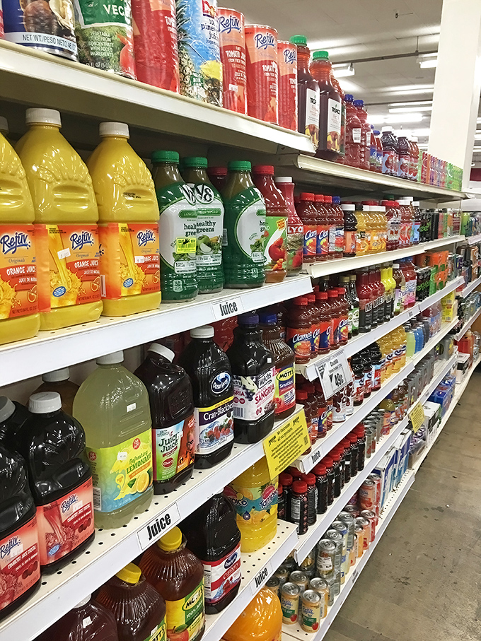 A rainbow of discounted beverages lines these shelves. From everyday essentials to exotic finds, hydration comes with hefty savings here.