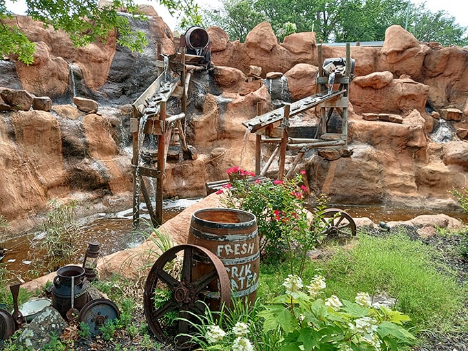 This rustic mining display combines Oklahoma's pioneering spirit with carefully placed flowers, creating a picturesque nod to the state's resource-rich history.