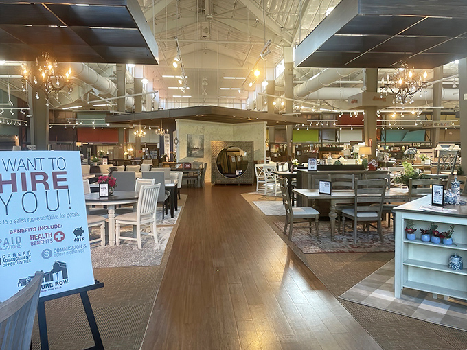 The "We want to hire you" sign suggests even the staff can't bear to leave this furniture paradise.