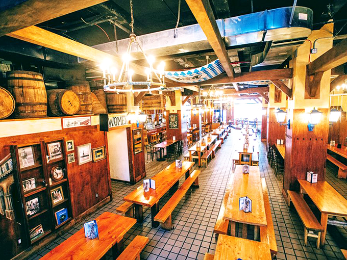 The warm glow of chandeliers illuminates wooden tables stretching into the distance &ndash; like a Bavarian cathedral dedicated to the worship of good food.