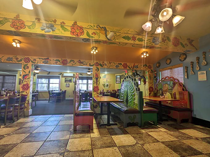 Every corner tells a story in this dining room where colorful murals and cozy seating create the perfect backdrop for memory-making meals.