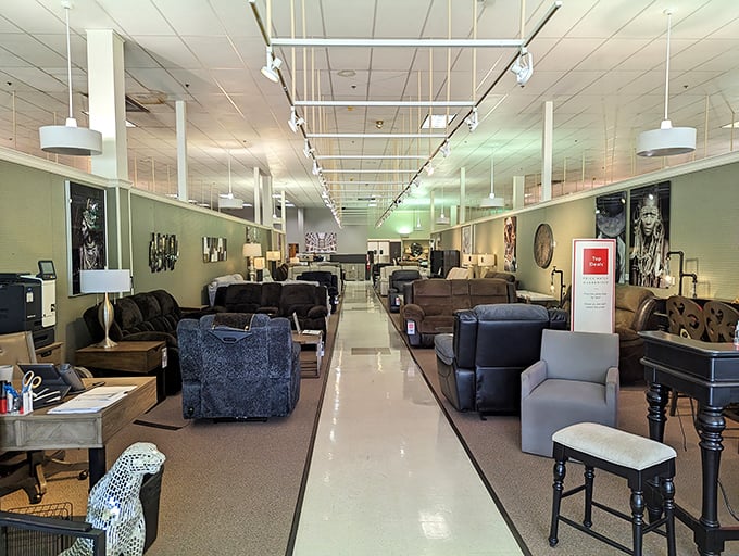 A showroom aisle that feels like the red carpet of relaxation. Each recliner patiently waiting for its perfect match to come test its comfort credentials.