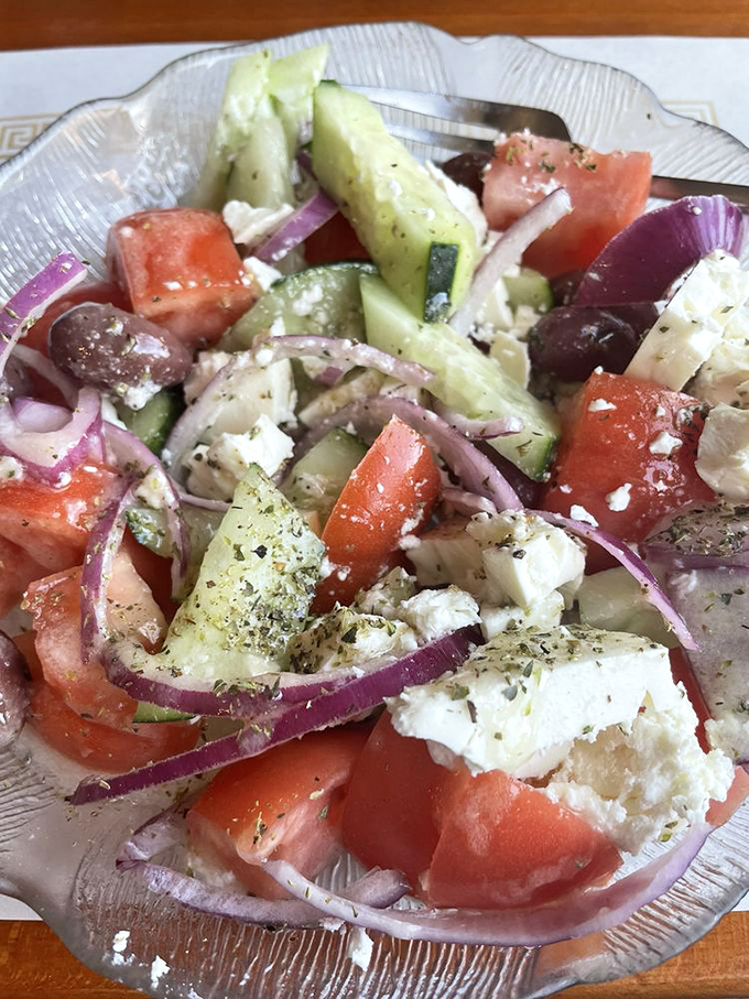 This Greek salad isn't just fresh&mdash;it's a masterclass in simplicity. Chunks of feta, ripe tomatoes, and that olive oil that makes everything sing.