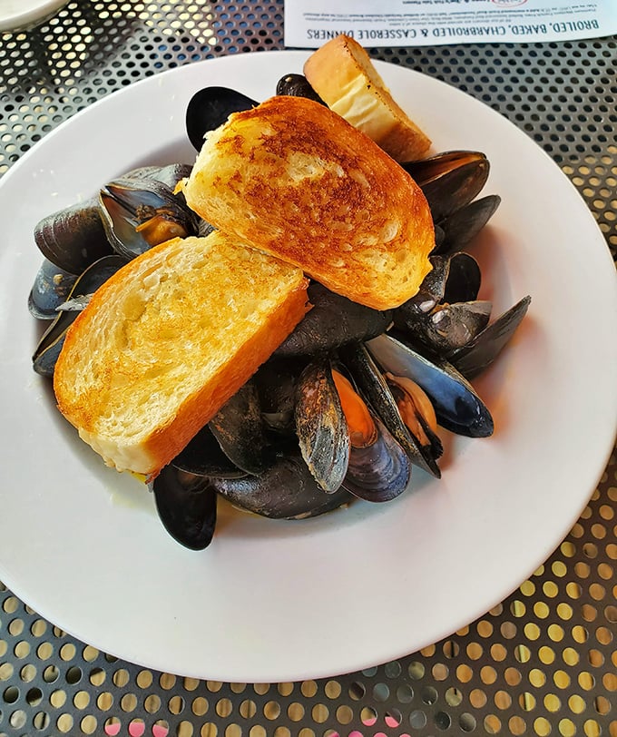 Steamed mussels that whisper tales of the sea – served with golden garlic toast perfect for sopping up that ambrosial broth.