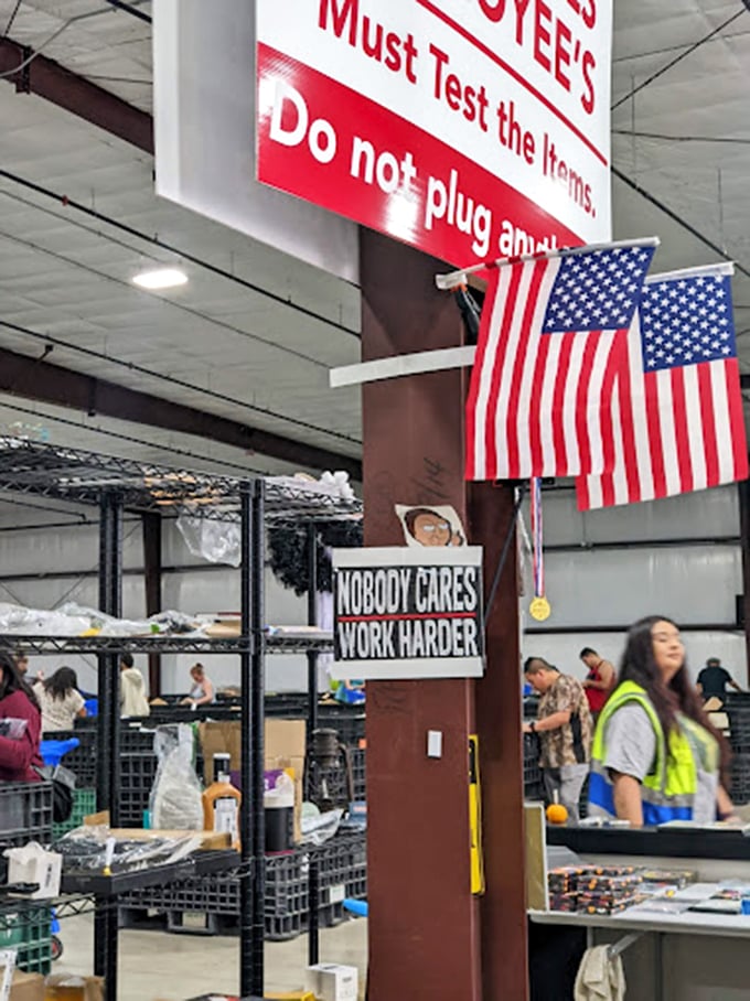 House rules include "No running or pushing," though the temptation is strong when you spot that brand-name item three bins away.