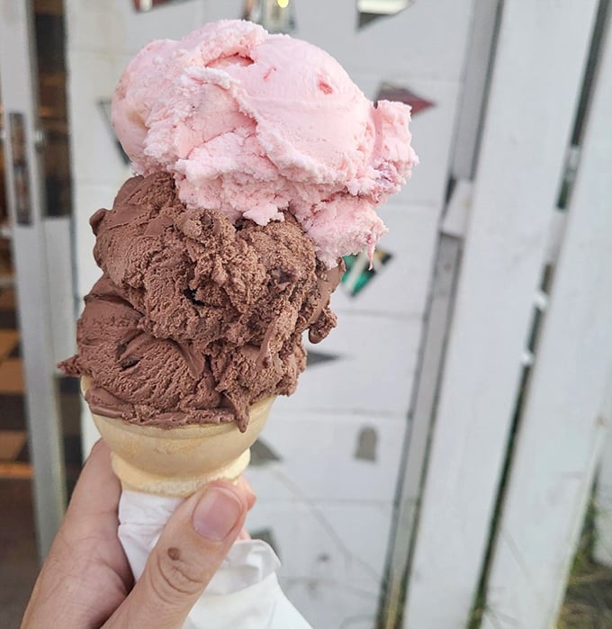 The classic combo that never disappoints&mdash;strawberry and chocolate stacked like a delicious geological formation of pure happiness.