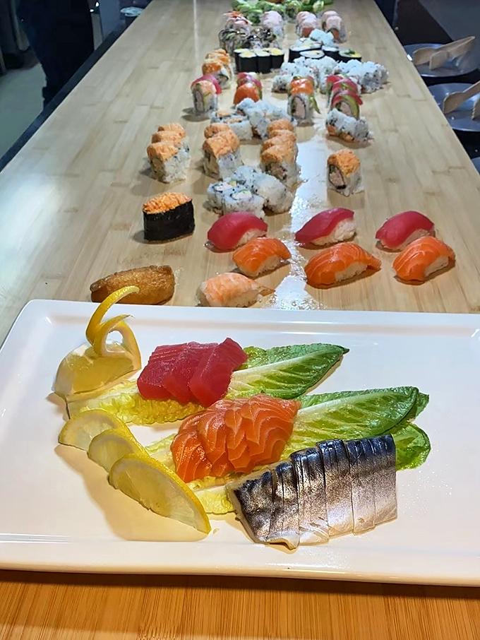 Sushi rolls lined up like colorful soldiers, each one a perfect bite-sized promise of ocean freshness in the middle of the Sonoran Desert.