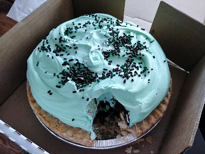 This mint chocolate creation isn't just a pie—it's an edible color story. The contrast between aqua frosting and chocolate sprinkles is pure visual joy.
