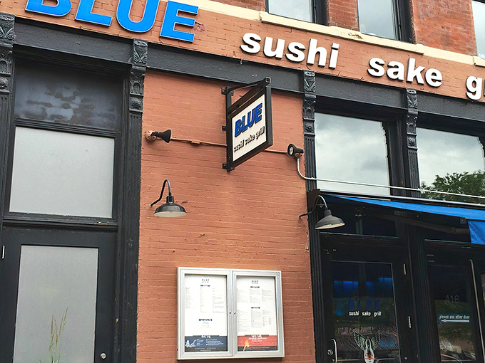 Blue's bold signage promises a sushi adventure that rivals coastal offerings, right in downtown Omaha.