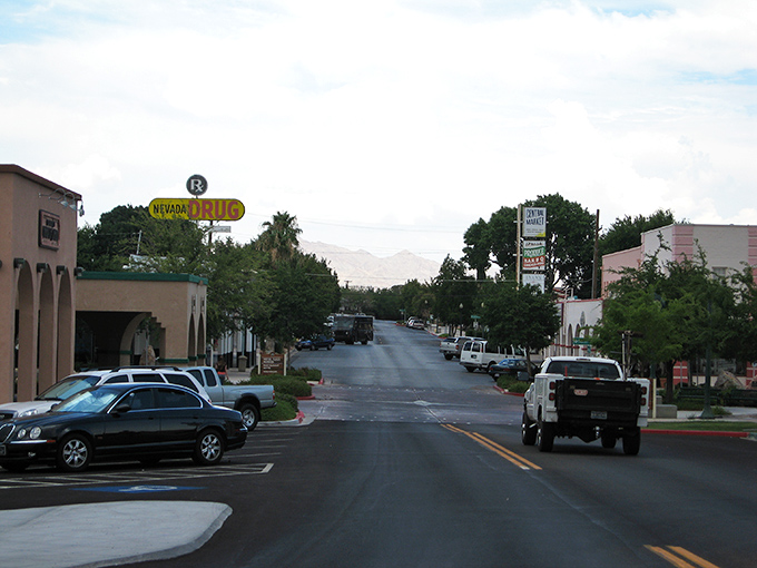 Boulder City's historic downtown welcomes visitors with palm-lined streets and buildings that reflect affordable desert living.
