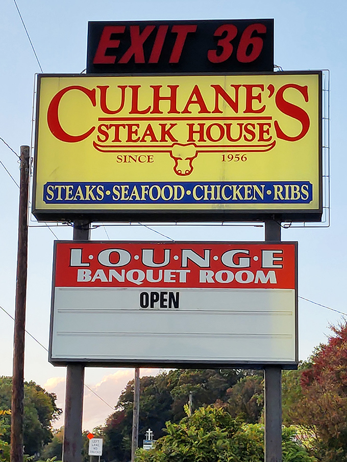 Culhane's sign stands tall like a beacon of hope for hungry travelers. "Exit 36" might as well read "Exit to Flavor Town."