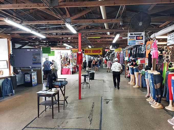 Daytona Flea & Farmers Market's rustic interior houses endless treasures, from clothing to collectibles, waiting to be discovered.