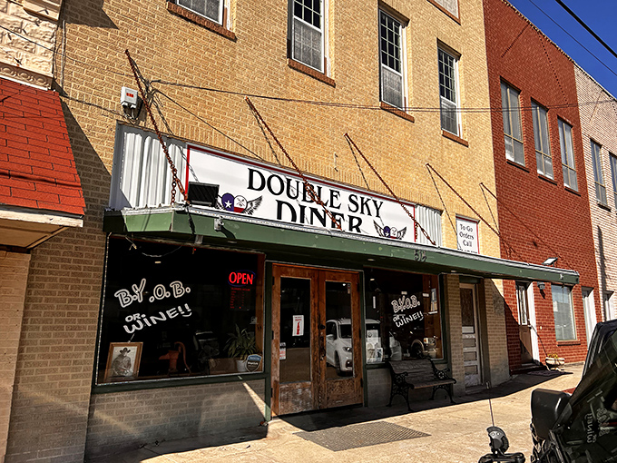 Double Sky Diner's vintage storefront brings small-town charm to breakfast time. That "OPEN" sign glowing in the window says all is right with the world!