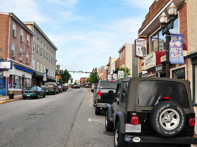 Elkton's historic downtown features classic brick buildings where local businesses create a welcoming community atmosphere.