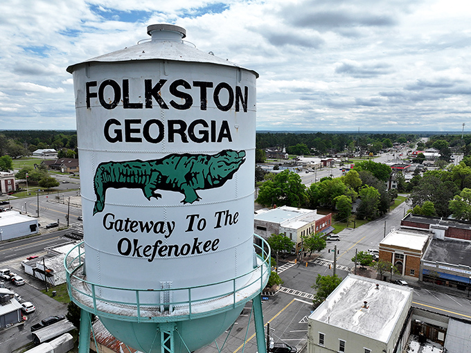 Folkston's water tower proudly announces the town's claim to fame&mdash;gateway to the mysterious Okefenokee Swamp.