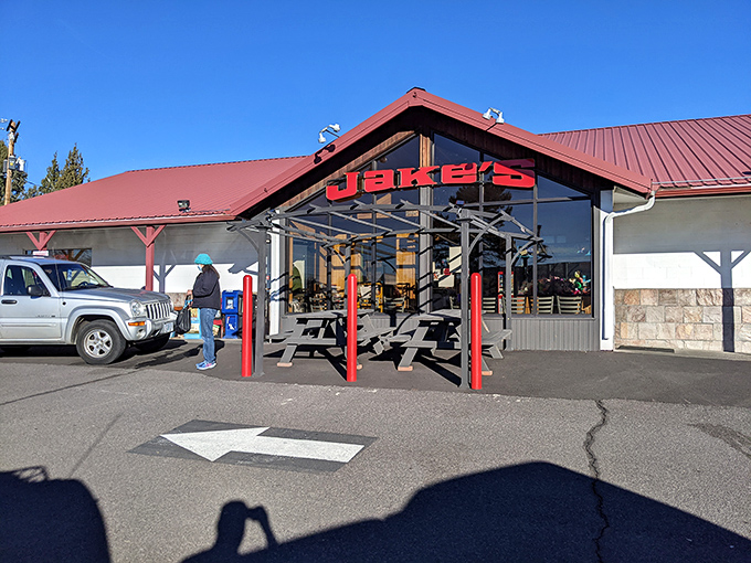 Jake's Diner (Bend): That distinctive red-roofed entrance isn't just welcoming&mdash;it's the gateway to Central Oregon's most satisfying post-hiking breakfast feast.