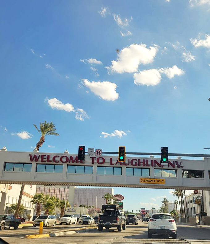 "Welcome to Laughlin" spans the roadway like a friendly handshake &ndash; inviting retirees to this riverside bargain paradise.
