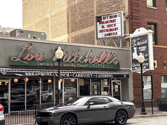 Lou Mitchell's classic signage has welcomed hungry travelers at Route 66's starting point since 1923. Breakfast history served daily!