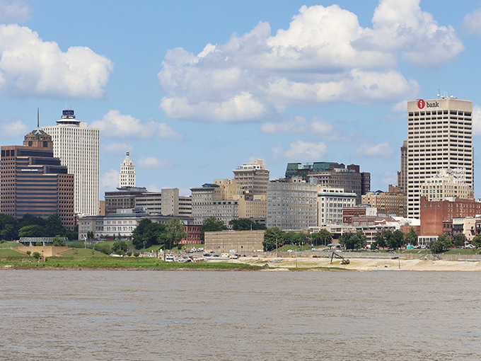 Memphis skyline reflects in the mighty Mississippi. The city of blues offers pockets of affordability that would make Elvis say "Thank you, thank you very much."
