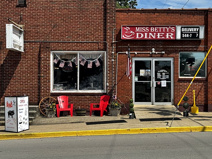 Miss Betty's: "Small-town charm in brick and mortar form. Those red chairs out front have heard more local stories than the town newspaper."