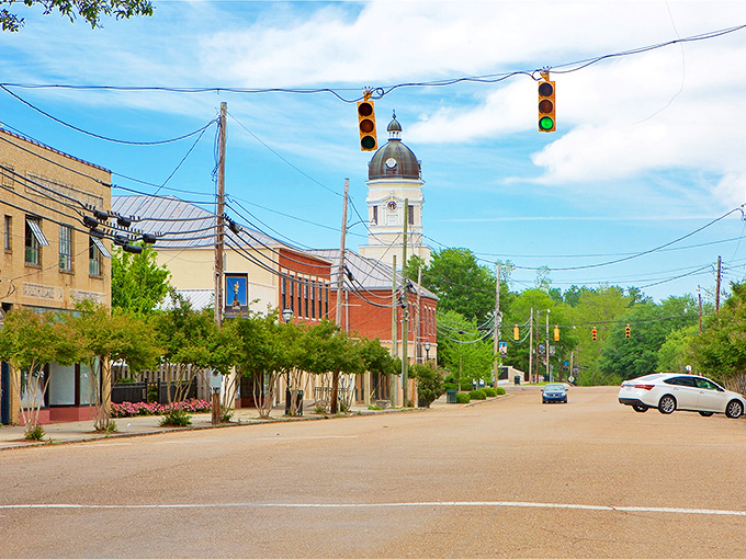 Port Gibson's historic church rises majestically against the blue sky, its tower a beacon for both the faithful and photographers.