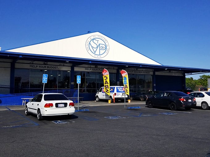 St. Vincent de Paul's striking blue and white building stands as a beacon of bargain possibilities on the Los Angeles horizon.