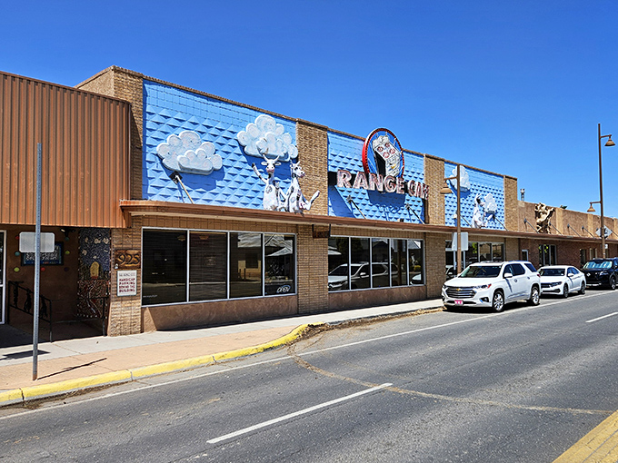 The Range Cafe's vibrant blue mural sets the stage for creative breakfast magic. Art for your eyes and your taste buds!