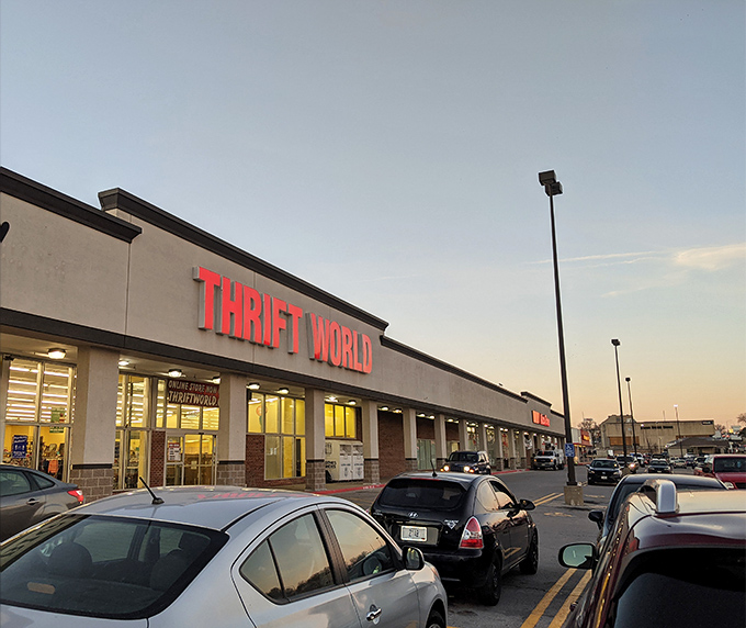 Thrift World's bold red letters announce a shopping adventure where discoveries await around every corner.