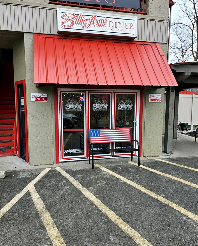 Billie Ann's Diner (entrance close-up): That patriotic bench isn't just seating&mdash;it's where you'll rest while contemplating a second slice of pie.