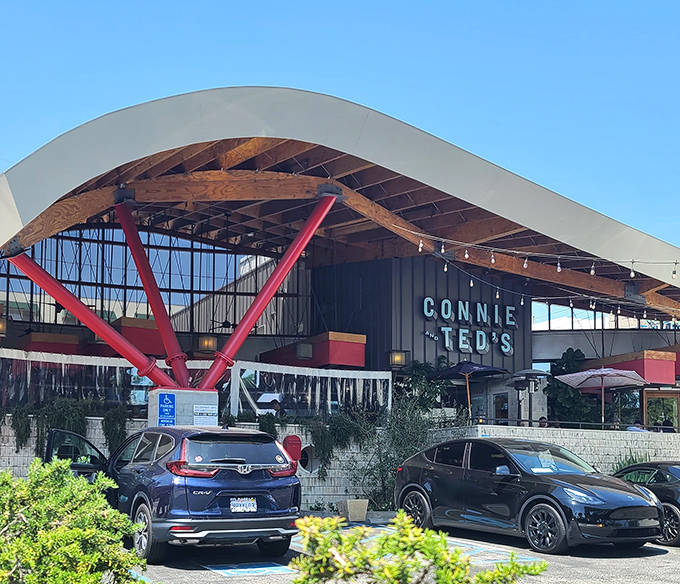 Strings of lights illuminate this architectural marvel at night, drawing seafood lovers to its East Coast treasures in the heart of LA.