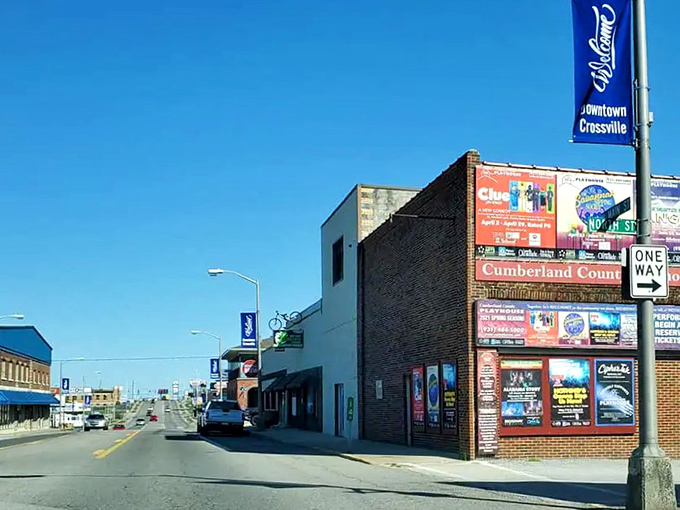 The Palace Theatre's iconic red marquee serves as Crossville's beating heart, drawing folks downtown for generations.