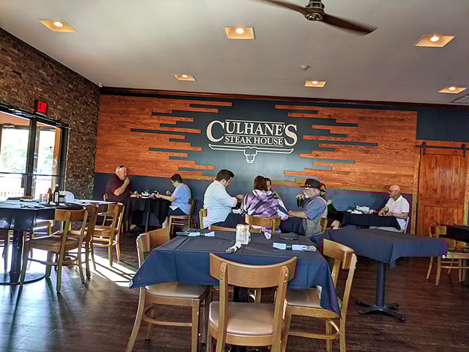 Inside Culhane's, wood paneling and blue tablecloths create the perfect backdrop for serious steak business. No distractions, just beef.