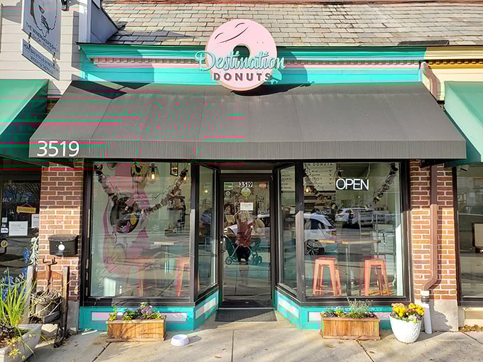 The cheerful facade of Destination Donuts promises a colorful experience inside&mdash;both visually and for your taste buds.