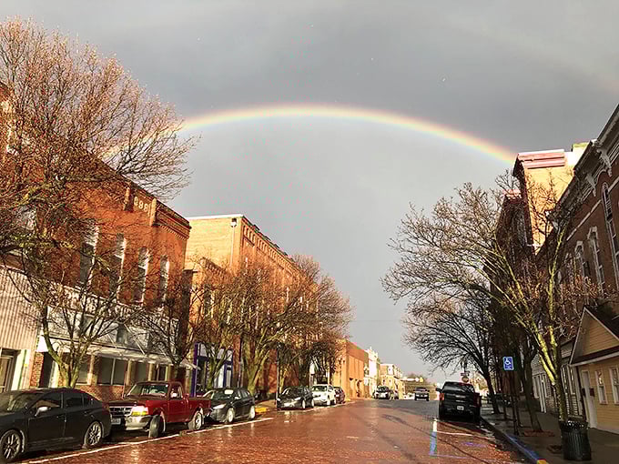 A rainbow arches over Fulton's downtown, perhaps leading to the pot of gold that is Missouri's affordable small-town living.