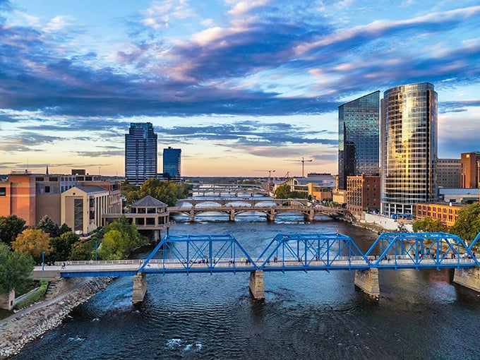 The Grand River flows through Grand Rapids, where retirees find pockets of affordability amid urban sophistication.
