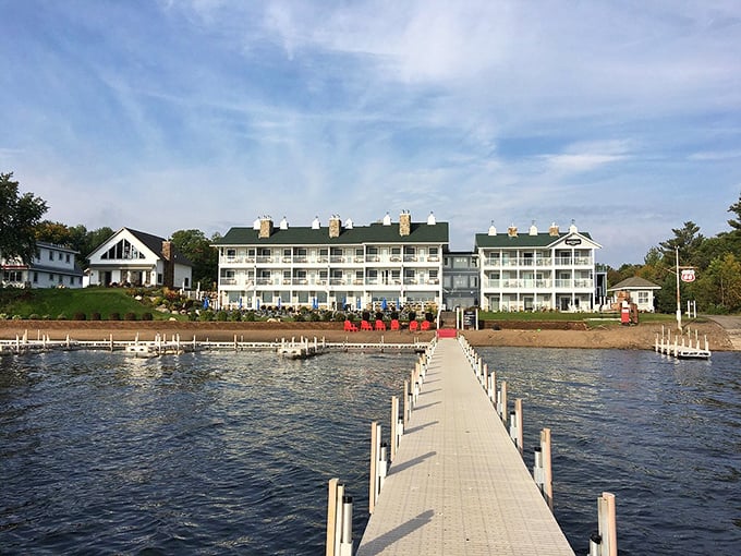 Picture-perfect patio overlooking a serene Minnesota lake—just another Wednesday in Nisswa's lake country paradise.