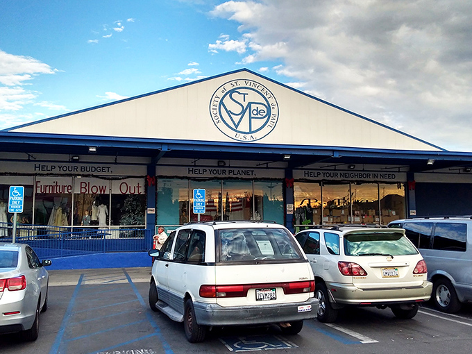 Under clear California skies, this massive St. Vincent de Paul store promises treasure hunting on an industrial scale.