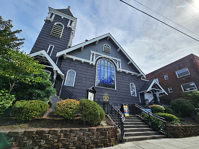 Stained glass and soaring ceilings make this brewery a truly divine drinking experience. 