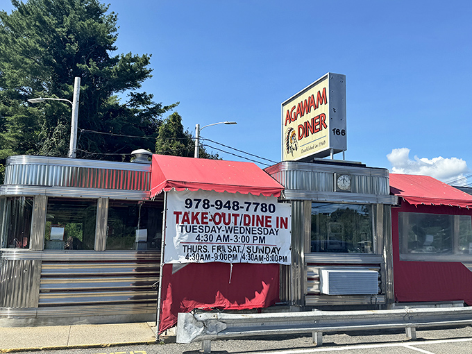 Red awnings pop against Agawam's metallic exterior, welcoming hungry travelers to a place where pie is considered a perfectly acceptable breakfast.