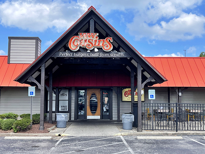 Those timber beams framing W W Cousins' entrance are like nature's way of highlighting where good burgers live.