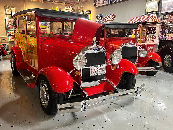 Henry's vision in bright red. This 1929 Ford woody combines utilitarian design with the kind of craftsmanship rarely seen in modern vehicles.