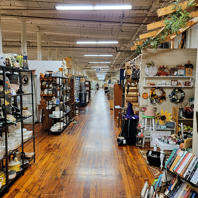 Follow the wooden-floored aisle road through this wonderland of collectibles, where each booth offers its own unique treasure trove.