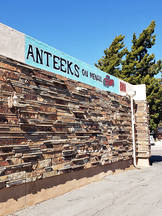 Anteeks on Menaul's stone facade looks like it was built from the leftover scraps of every demolished building in New Mexico&mdash;brilliantly repurposed.