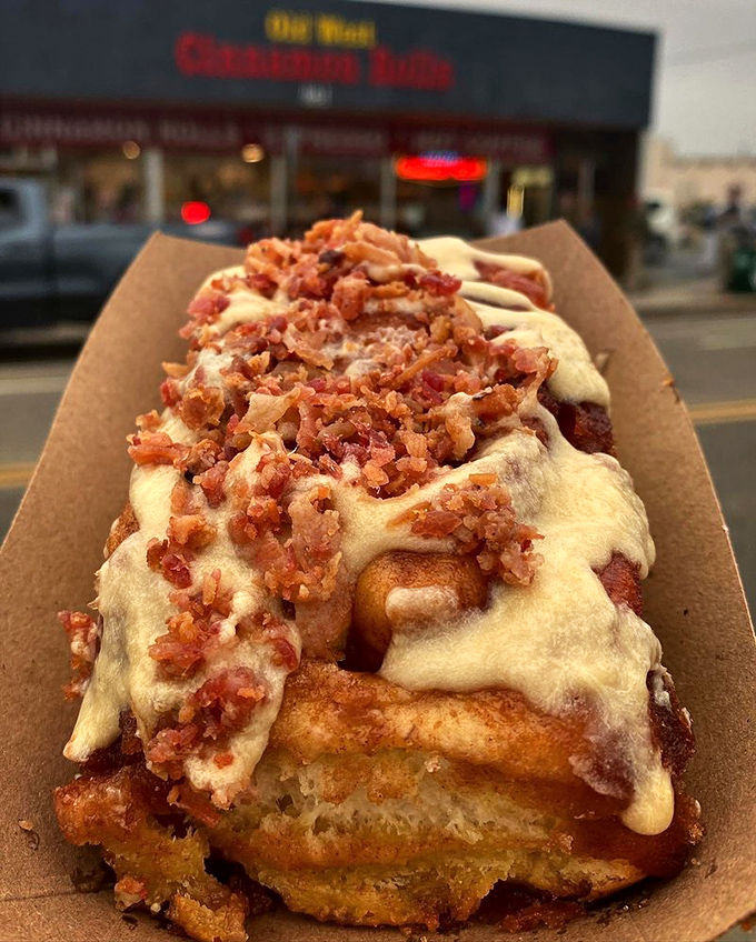 The maple bacon roll answers the eternal question: "Can breakfast be improved?" with a resounding "Yes, by combining ALL the breakfast flavors!"