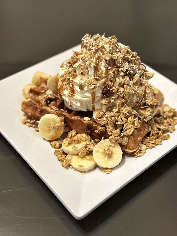 Bananas, granola, and caramel create a waffle sundae that makes you wonder why we ever bothered putting ice cream in cones.
